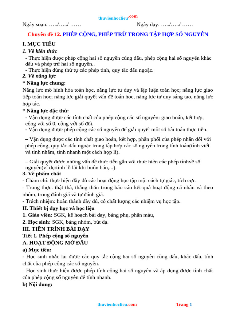 GA Day Them Toan 6 KNTT CD12 PHEP CONG TRU TRONG TAP HOP SO NGUYEN | PDF