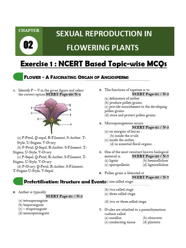 NCERT MCQs on Flower Structure and Reproduction | PDF | Flowers ...