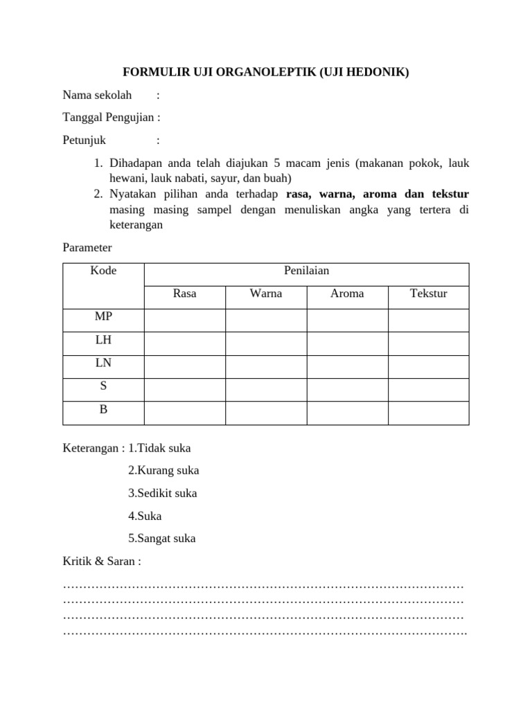 Formulir Uji Organoleptik - Putri Wida Dwi Mareta | PDF