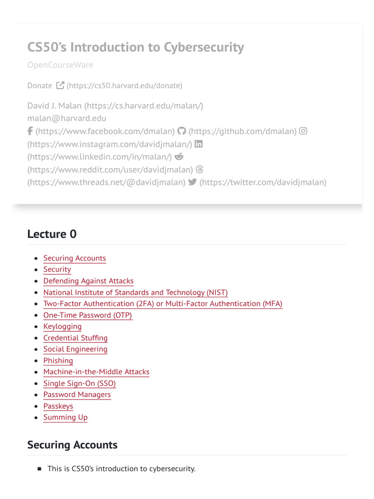 Lecture 0 - CS50's Introduction To Cybersecurity | PDF | Password ...