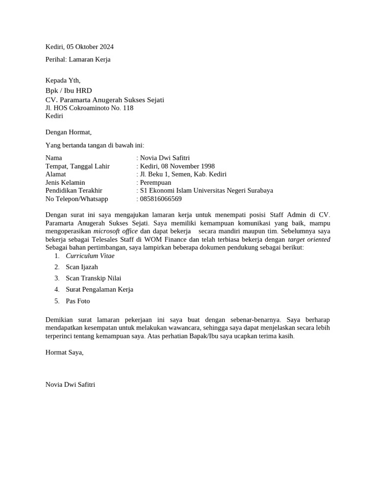 Surat Lamar Pekerjaan - Novia Dwi Safitri - CV. Paramarta Anugerah Sukses Sejati | PDF