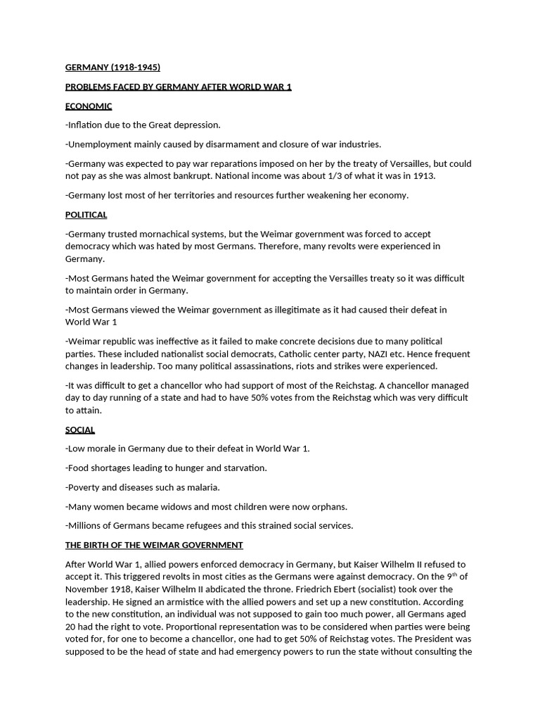 Germany's Challenges Post-WWI (1918-1945) | PDF | Weimar Republic ...