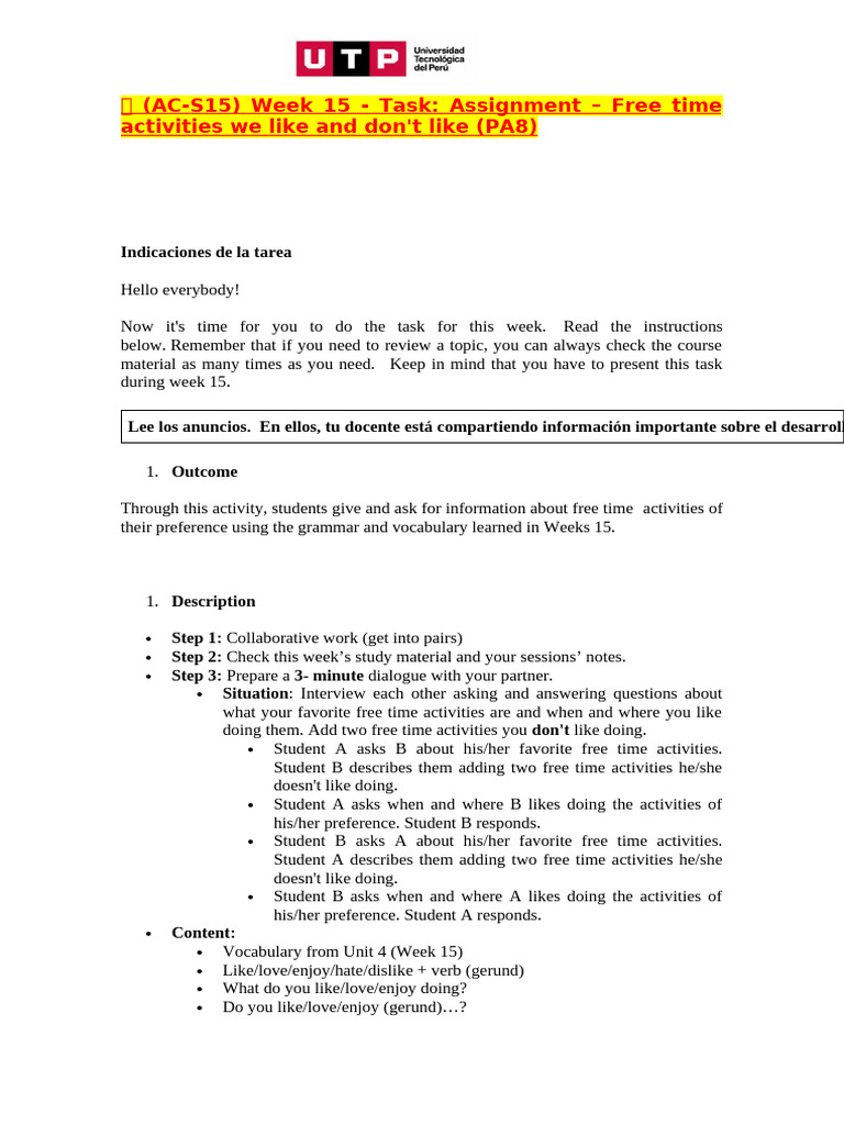 ? (AC-S15) Week 15 - Task Assignment – Free time activities we like and ...
