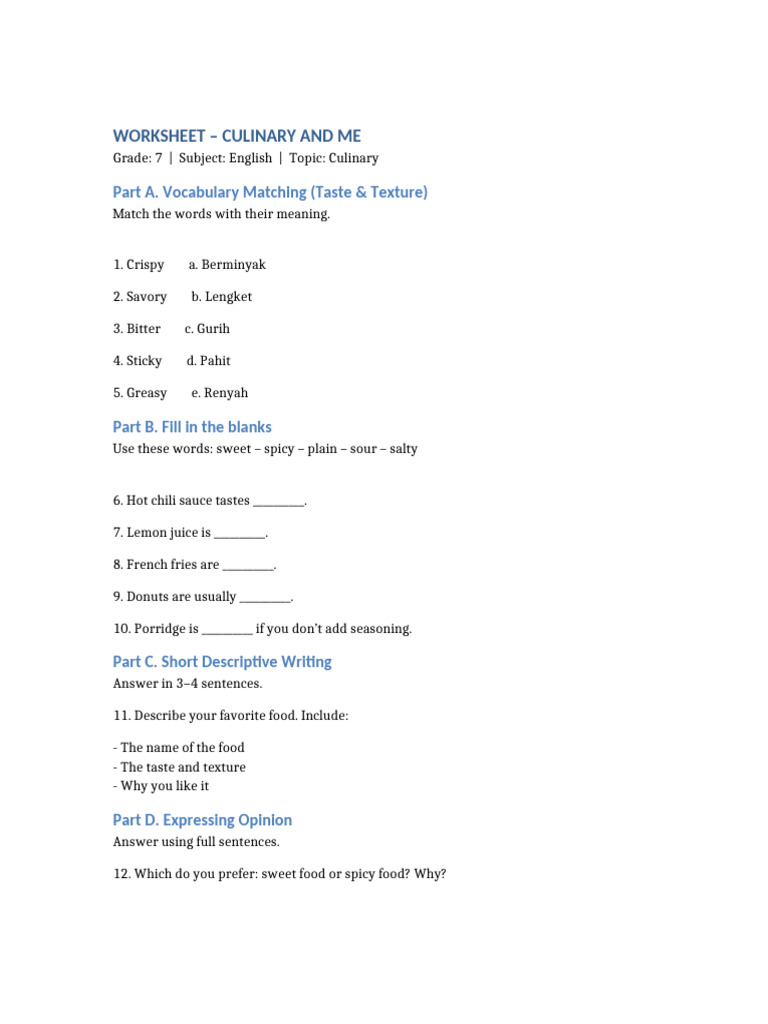 Culinary Vocabulary and Writing Worksheet | PDF