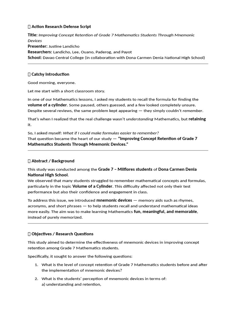 Mnemonic Devices for Grade 7 Math Retention | PDF | Mnemonic | Memory