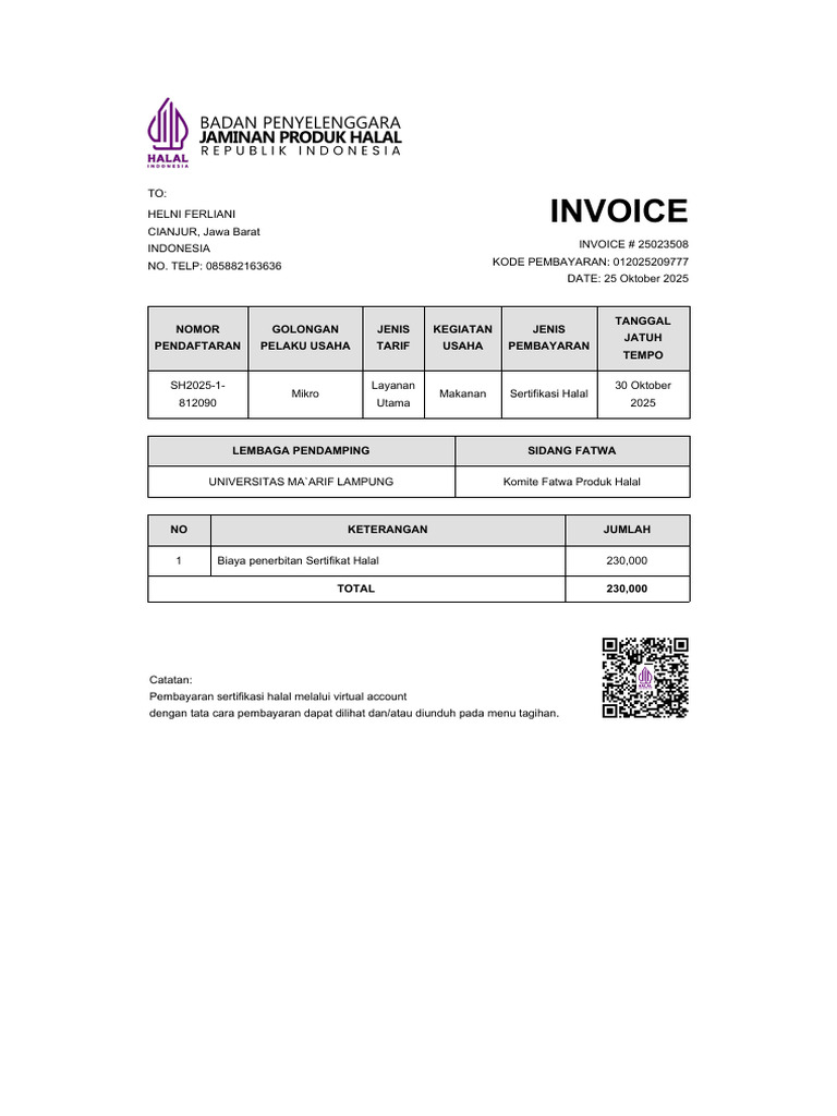 Invoice Sertifikat Halal 2025 | PDF