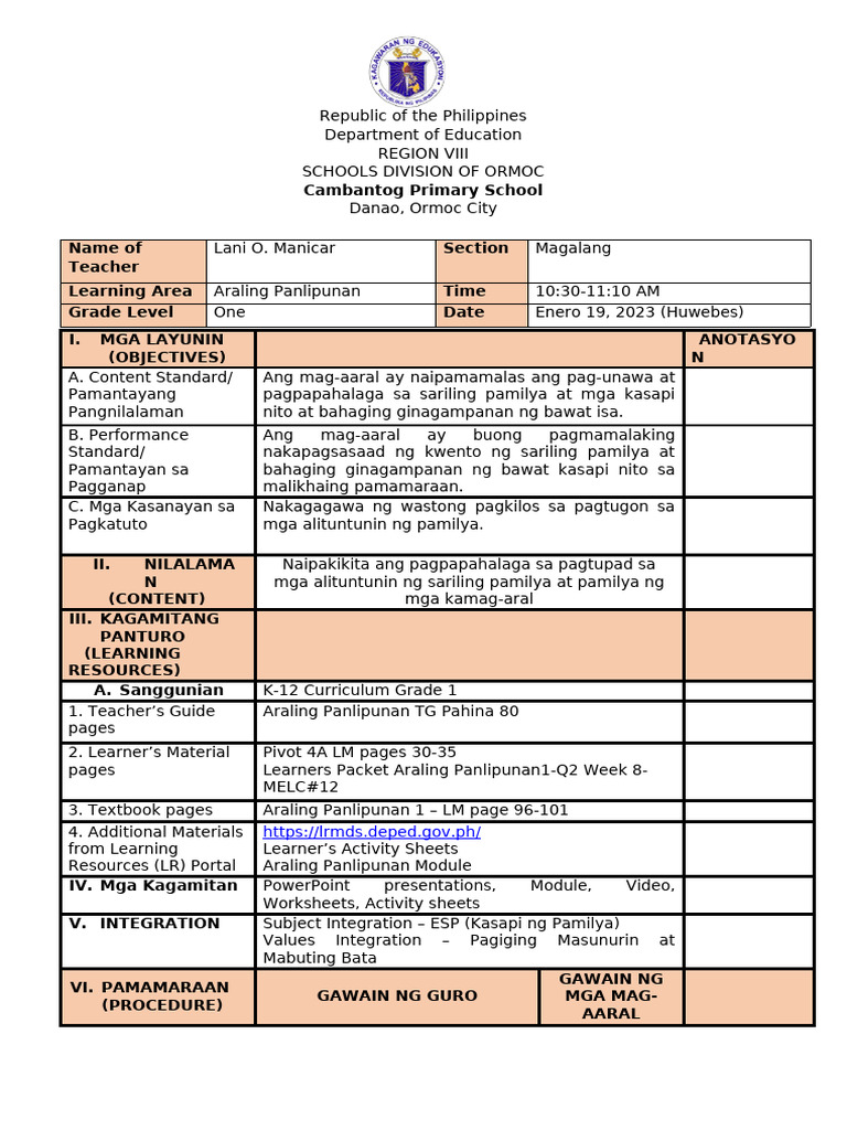 COT LP sa Araling Panlipunan 1 | PDF
