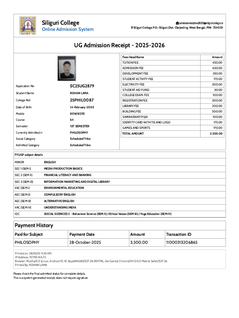 Rohan Lama Admission Slip | PDF