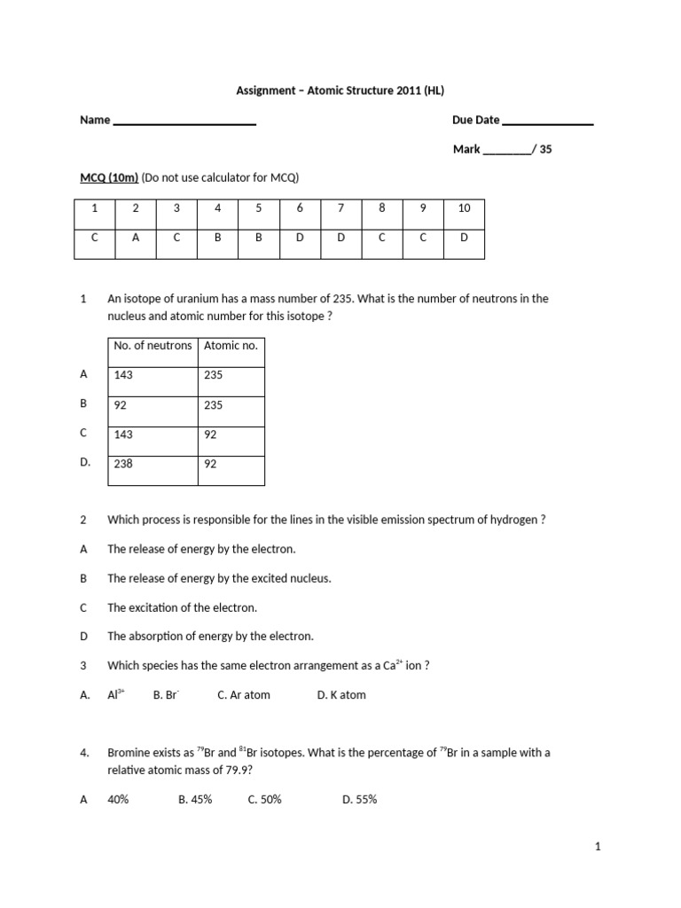 Topic 2 Atomic Structure Assignment 2011 | PDF | Atoms | Energy Level