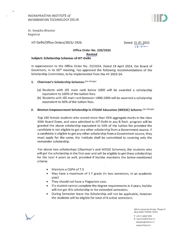 Revised Office Order - Scholarship Schemes of IIIT-Delhi | PDF