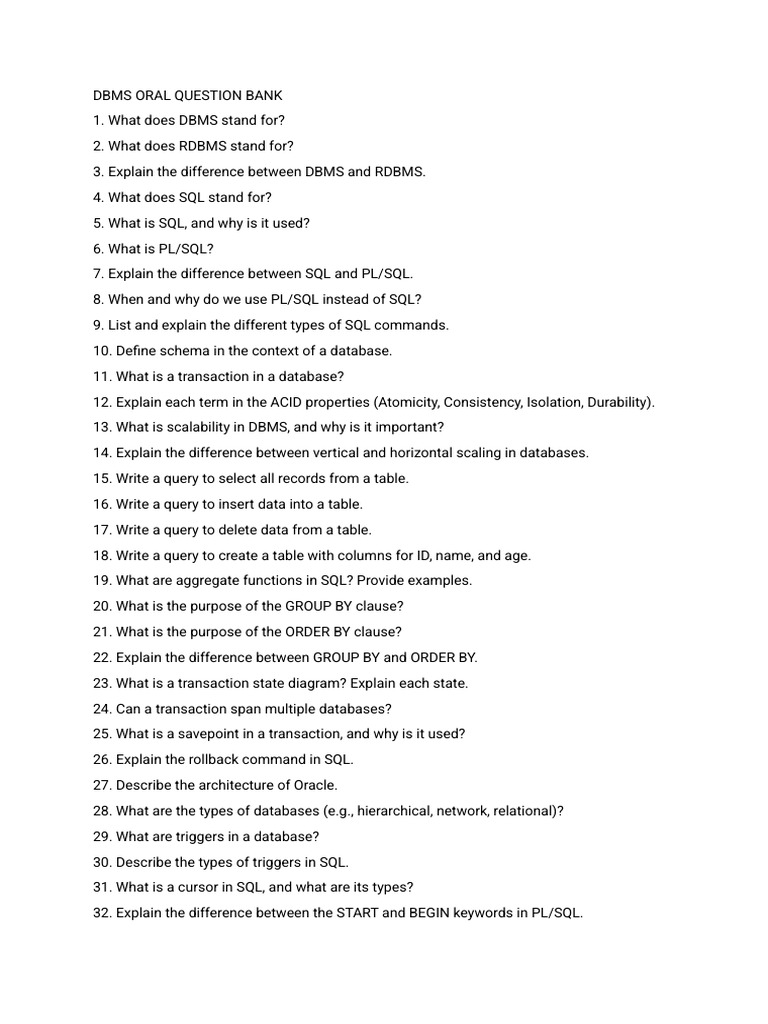 DBMS Oral Question Bank | PDF | Databases | Relational Database