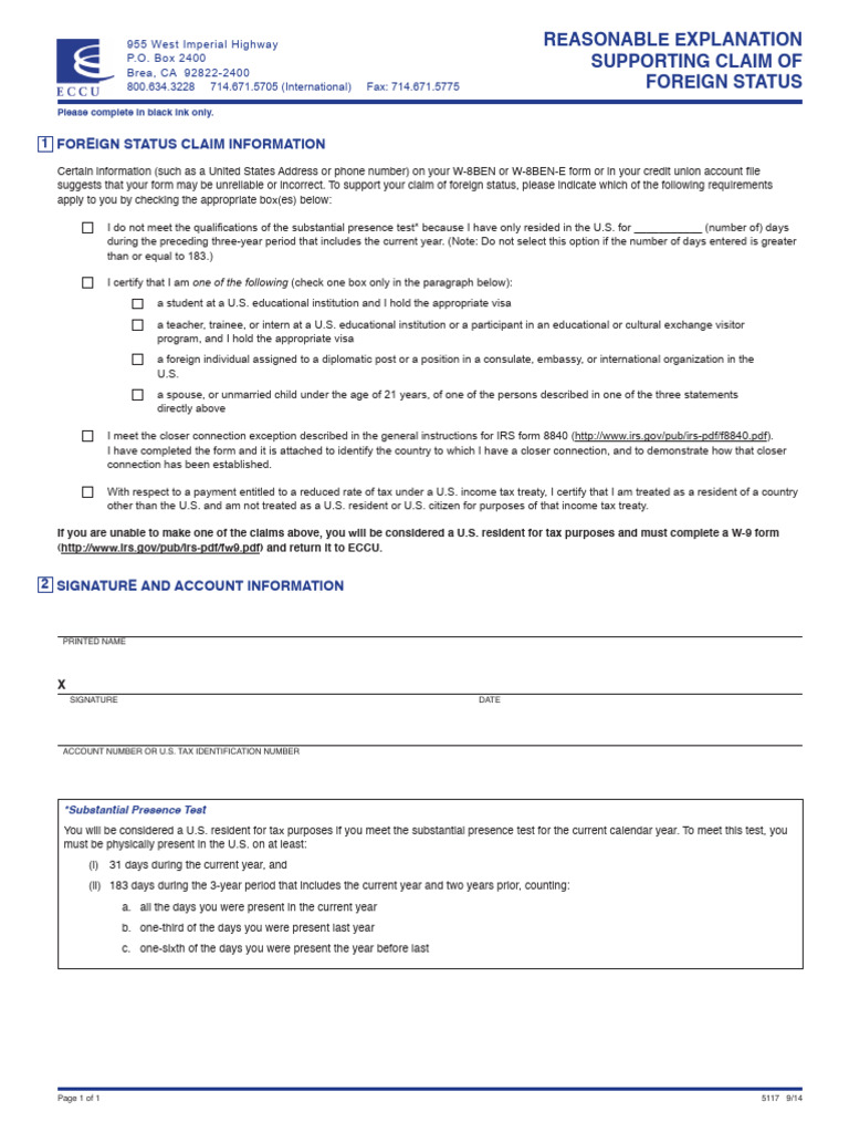 Reasonable Explanation Supporting Claim of Foreign Status Form | PDF ...
