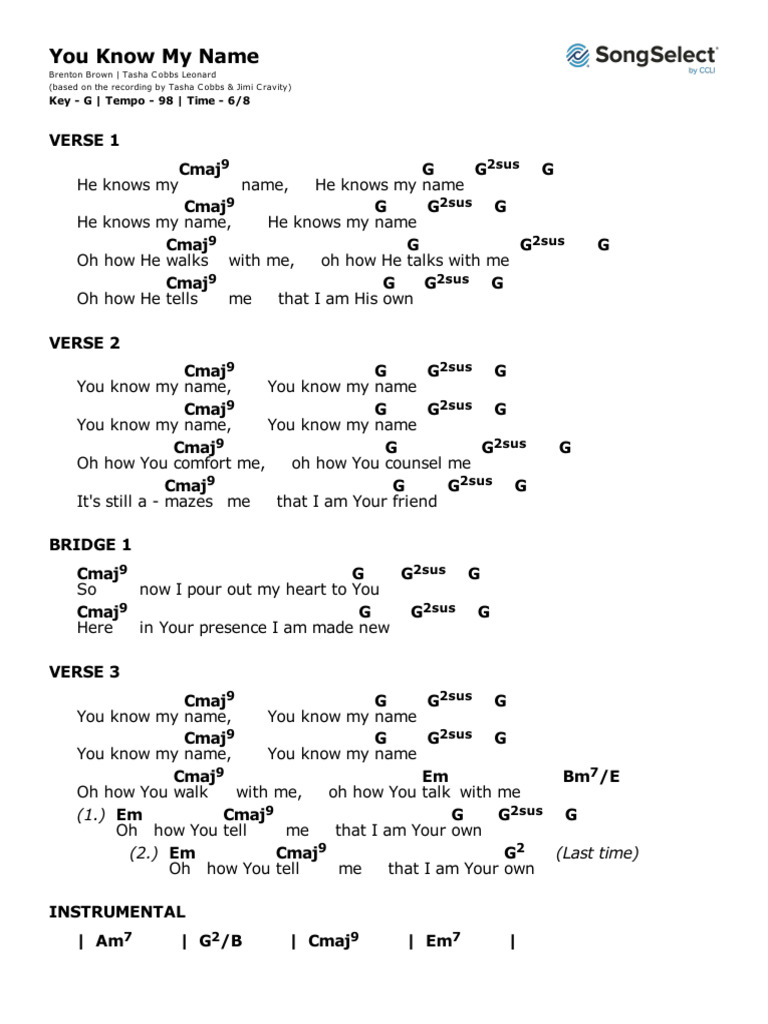 You Know My Name - SongSelect Chart in G - Standard 1 Column | PDF
