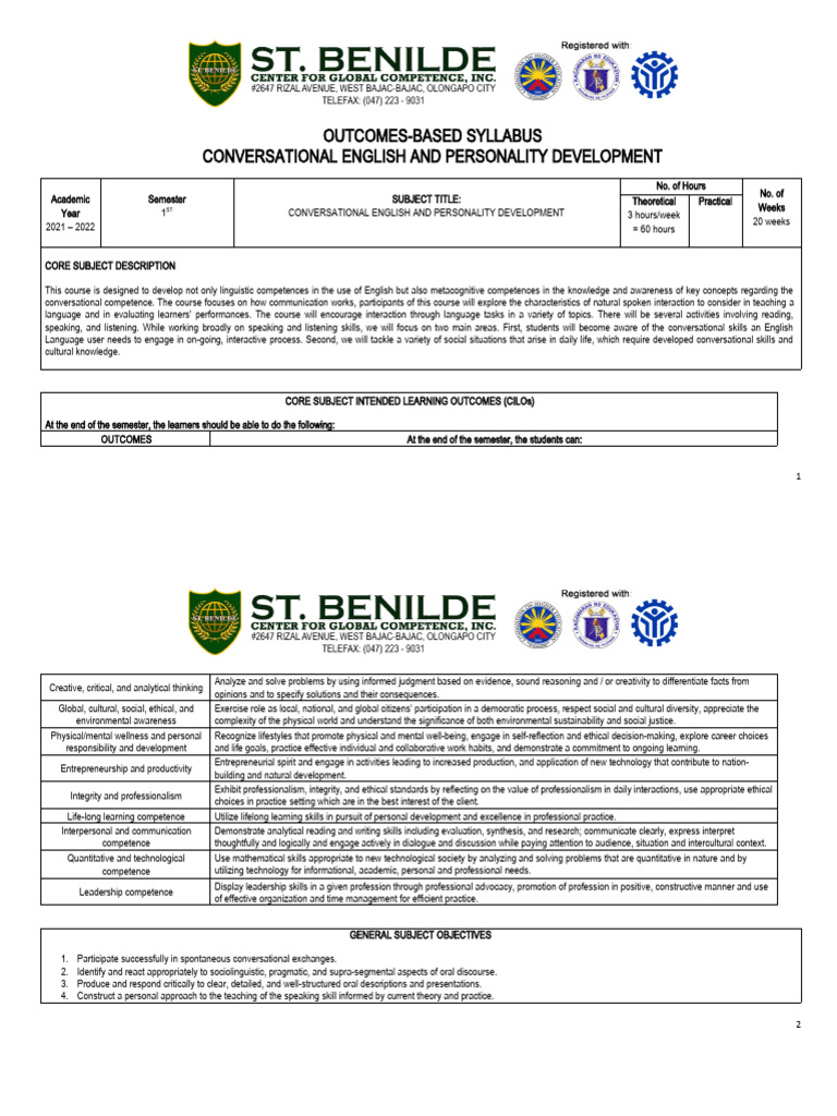ESL Syllabus Conversational English 3 | PDF | Learning | Communication