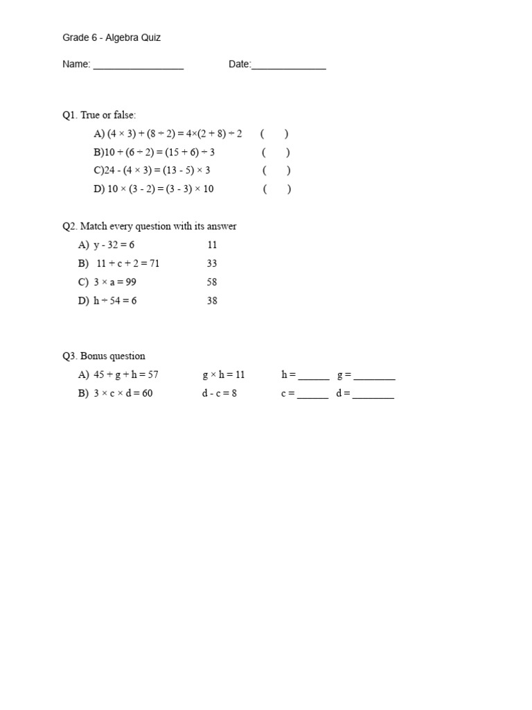 Grade 6 - Algebra Quiz | PDF