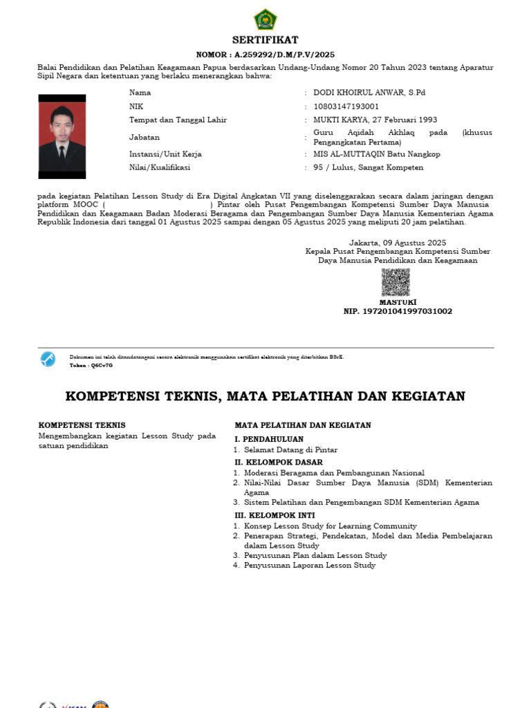 Dodi Sertifikat Pelatihan Lesson Study Di Era Digital 26-10-2025 | PDF