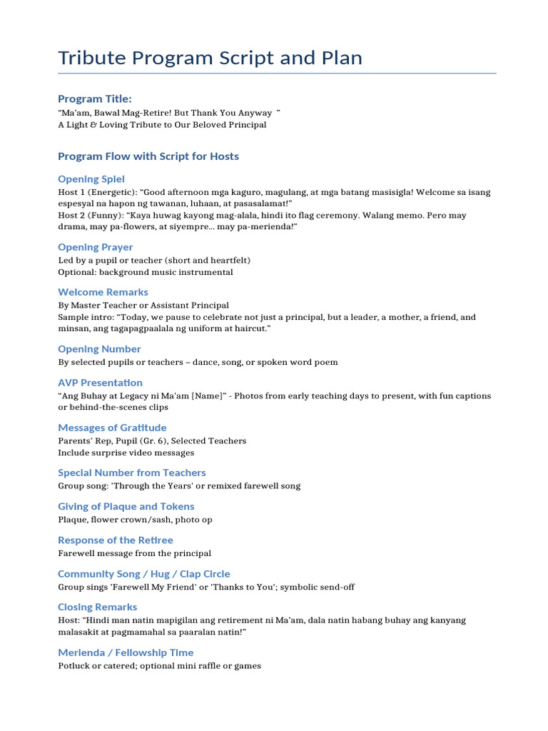 Principal Tribute Program Script | PDF