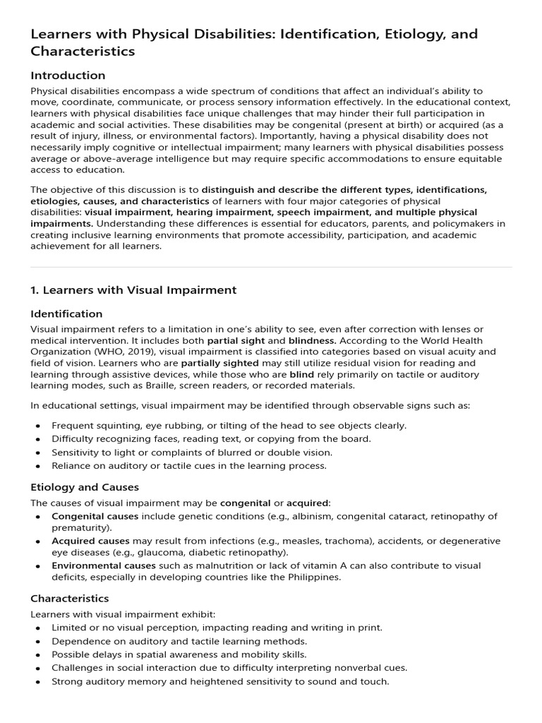 Learners With Physical Disabilities | PDF | Visual Impairment | Hearing Loss