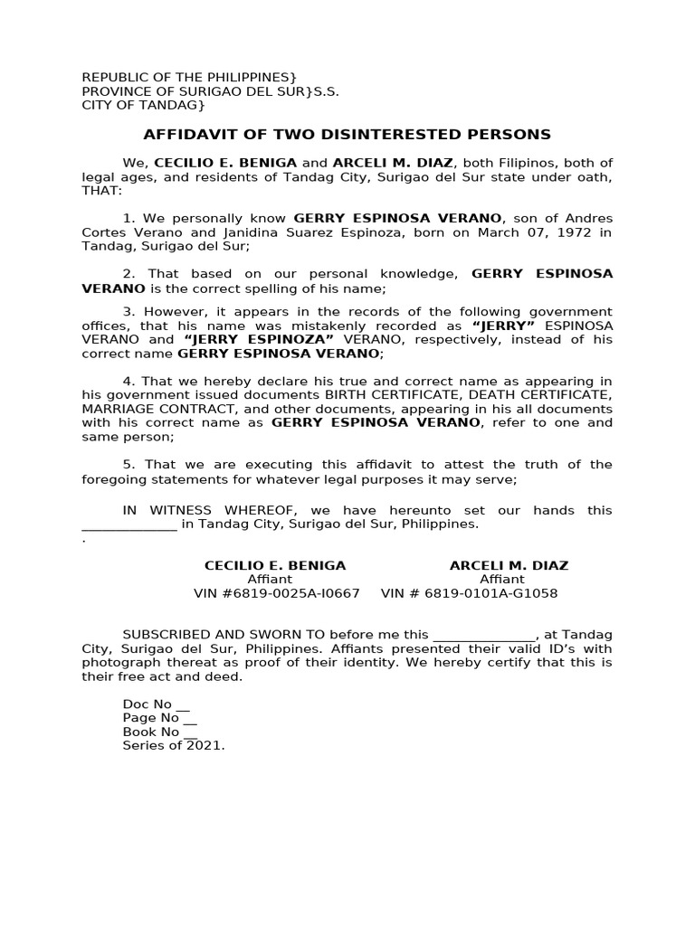 Affidavit of Two Disinterested Person- GERRY E. VERANO | PDF