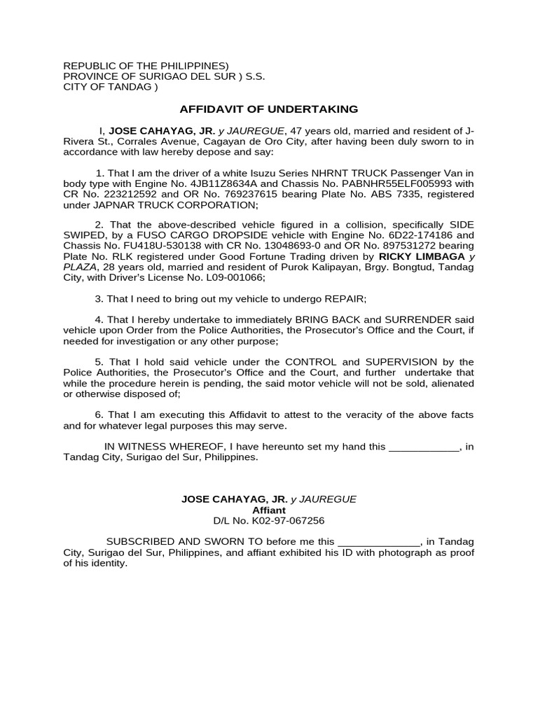 Affidavit of Undertaking-Cahayag | PDF | Affidavit | Land Vehicles