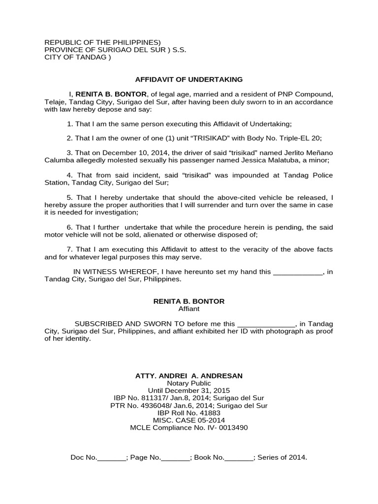 Affidavit of Undertaking-Bontor | PDF