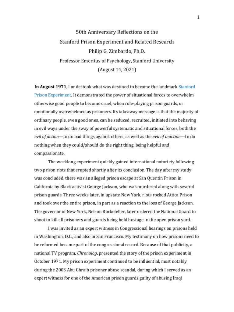 50thAnniversaryReflections Zimbardo | PDF | Psychology | Evil