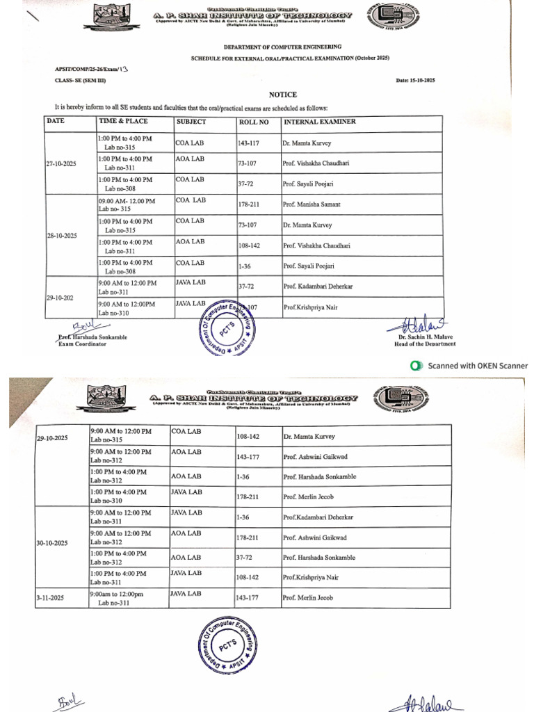 SH 25 Oral Practical Time Table | PDF