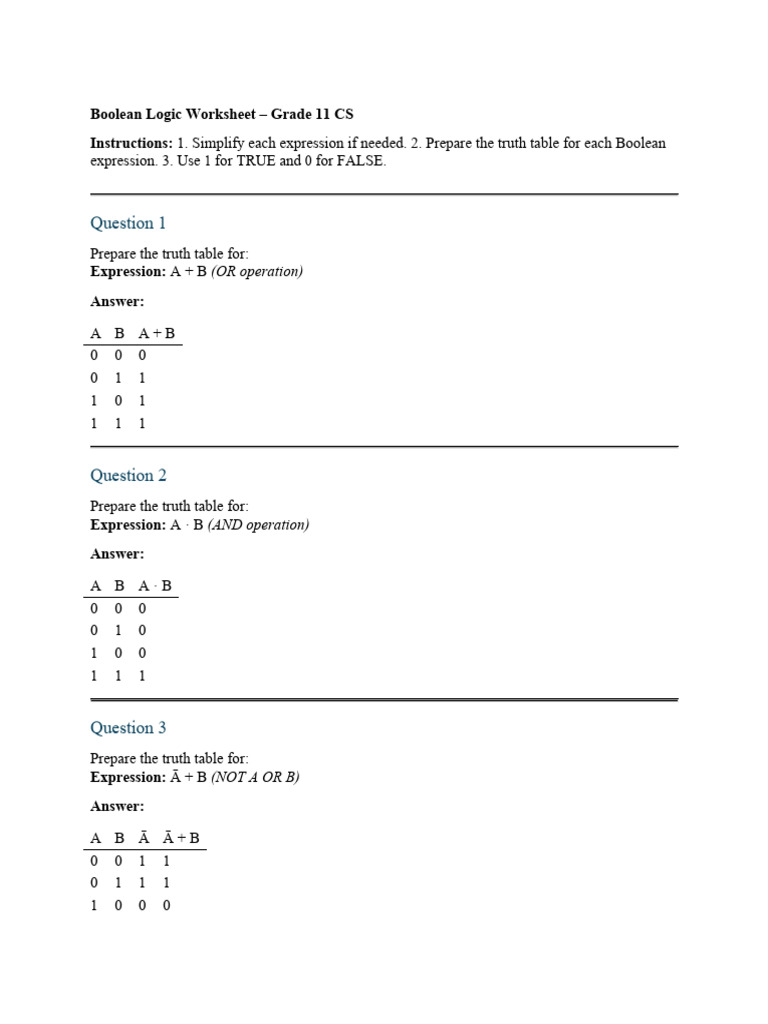 Truth Table Boolean Logic Grade11 Worksheet | PDF