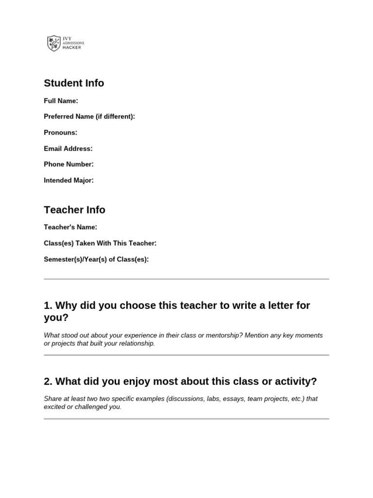 Letter of Recommendation Brag Sheet Template | PDF | Learning