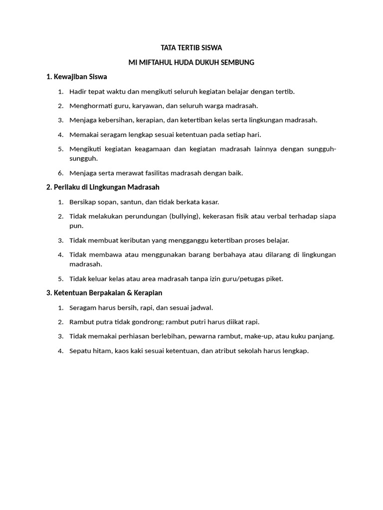 Tata Tertib Siswa MI Miftahul Huda | PDF