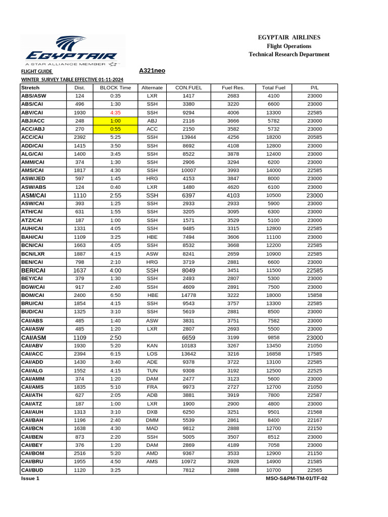 A321neo Winter Survey Table 2024 Final | PDF