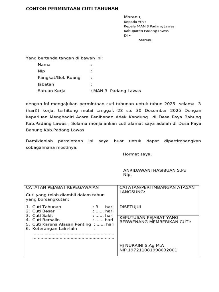 Contoh Permintaan Cuti ASN 2025 | PDF