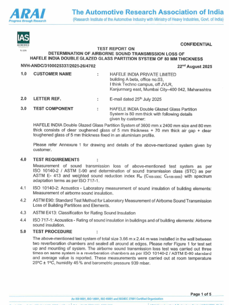 Test Report Sound Transmission Loss Hafele 3100025337 4702 22.08.25 | PDF