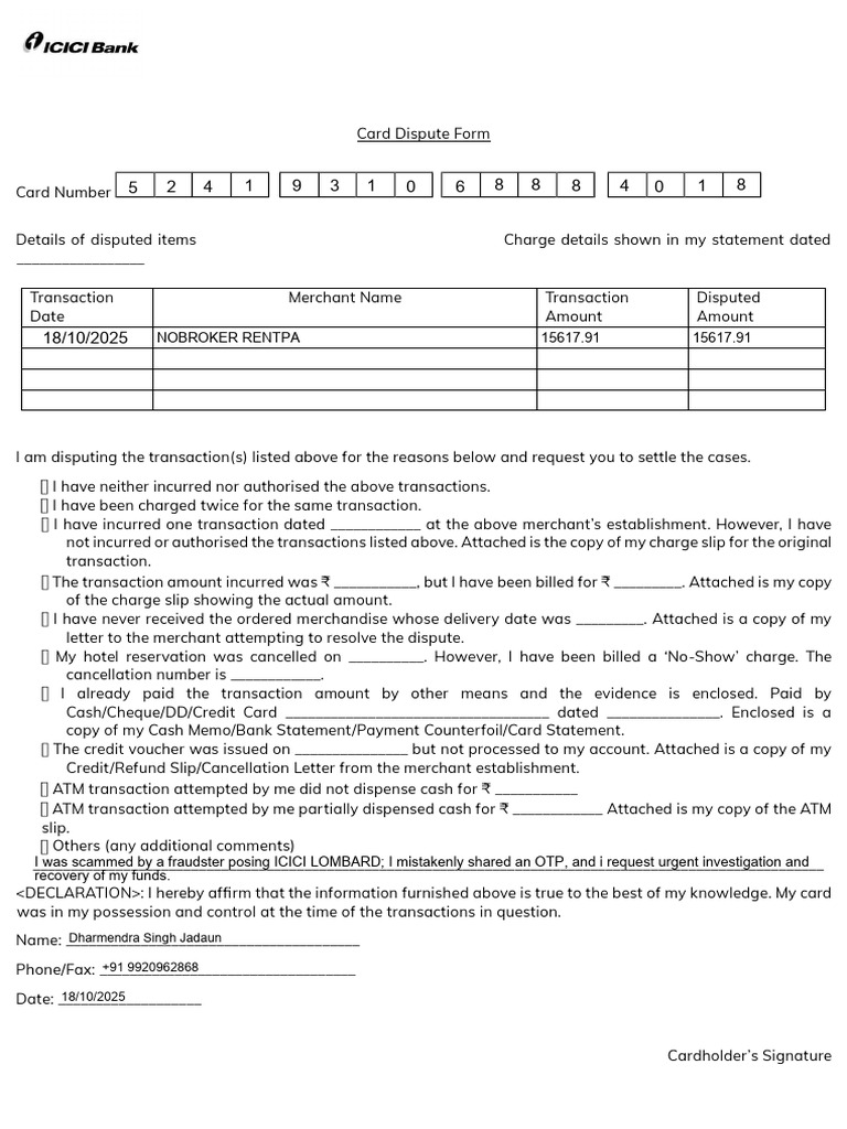 Card Dispute Form Template | PDF | Credit Card | Cheque