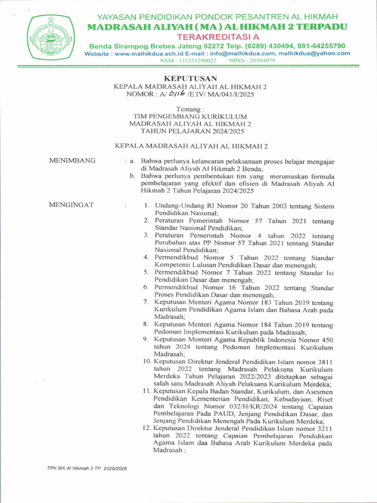 SK Tim Penjamin Mutu Malhikdua 2024.2025 | PDF