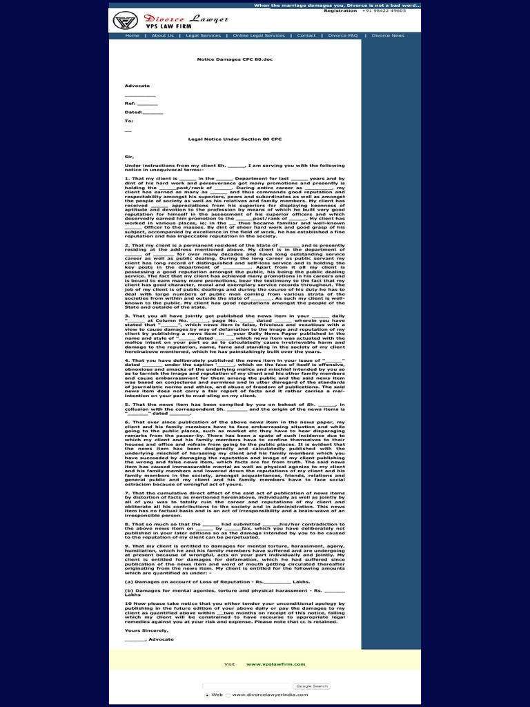 Legal Drafts: Torts: Notice Damages CPC 80 | PDF | Damages