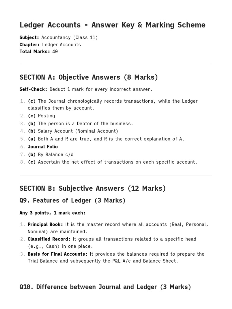Ledger Accounts - Chapter Test Answer Key & Marking Scheme | PDF ...