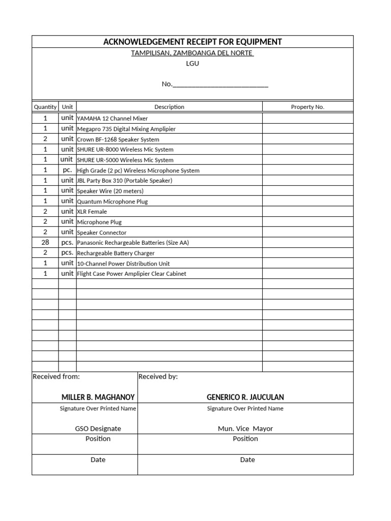 Acknowledgement Receipt For Equipment: Miller B. Maghanoy Generico R ...