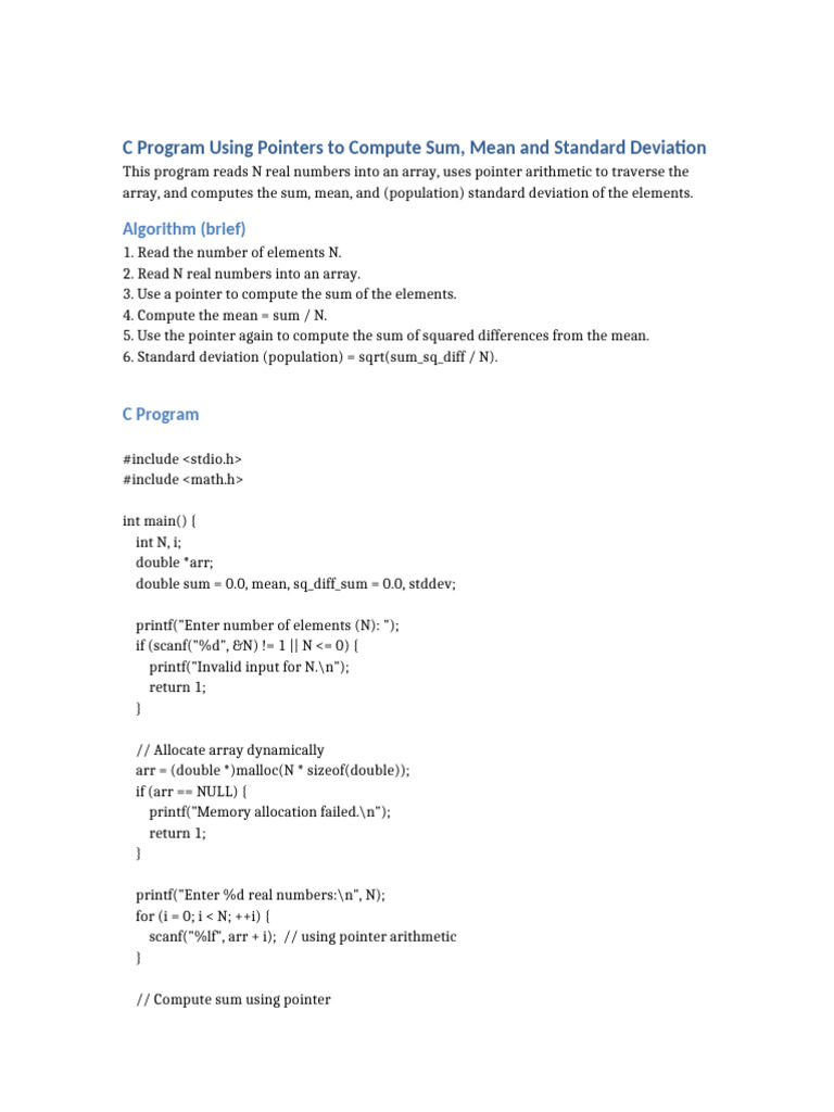 C Program for Sum, Mean, Std Dev with Pointers | PDF
