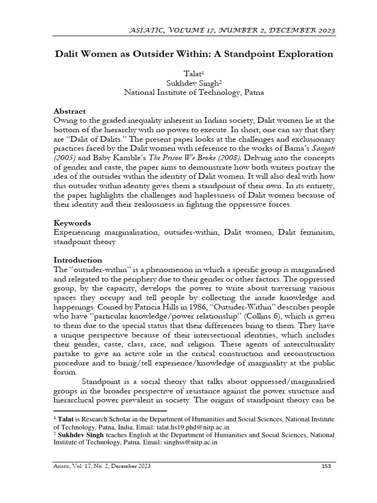 Dalit Women: Outsider Within Identity | PDF | Intersectionality | Dalit