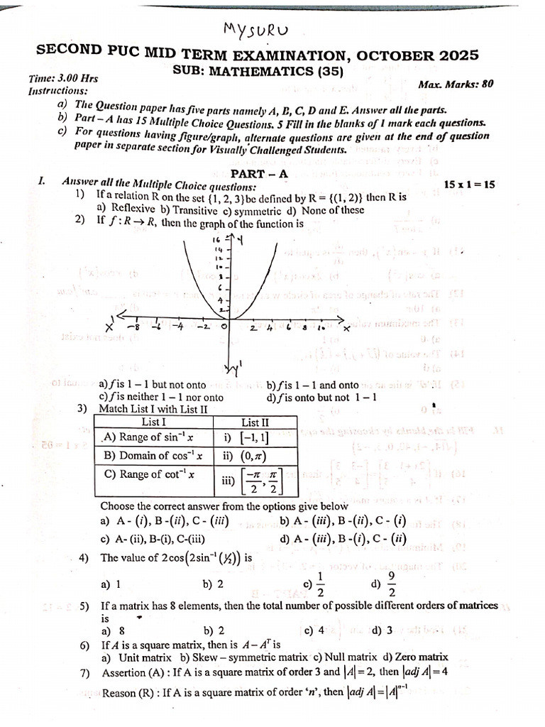 Mysore Mid Term 2nd Pu Maths | PDF