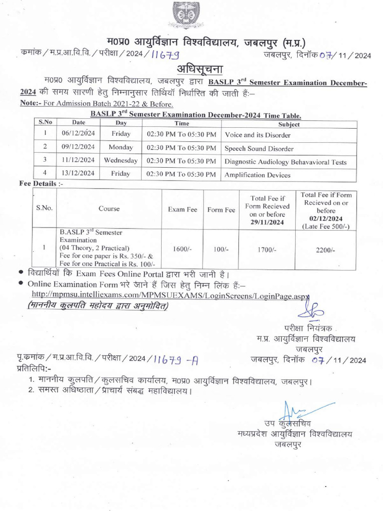 BASLP 3sem (Batch 2021-22 & Before) Time Table (Dec 2024) | PDF