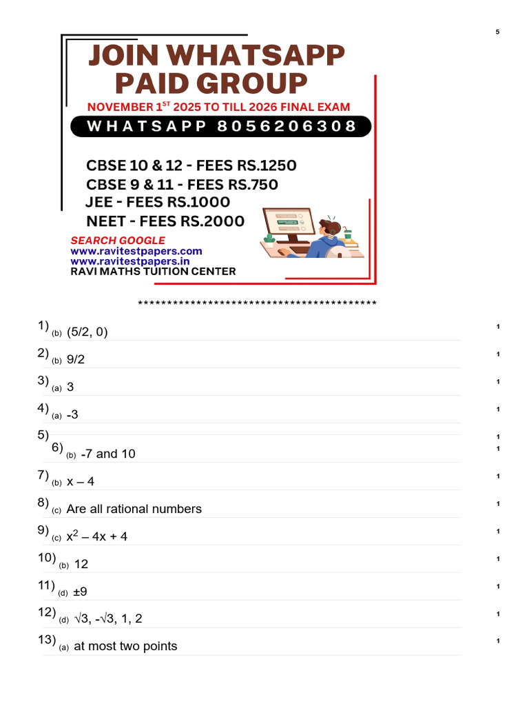 10th Cbse Maths Test Ans | PDF | Zero Of A Function | Polynomial
