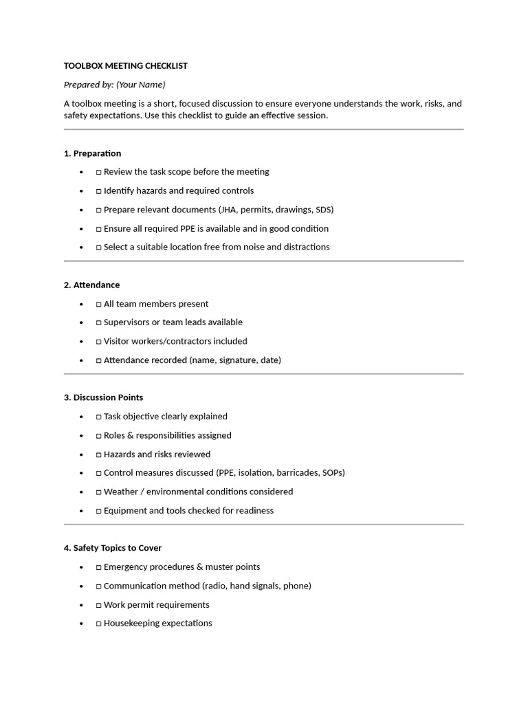 Toolbox Meeting Checklist | PDF