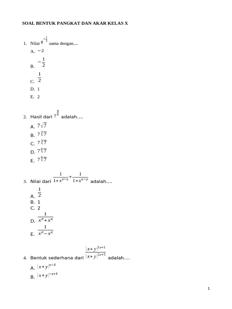 Soal Matematika Kelas X: Pangkatan dan Akar | PDF