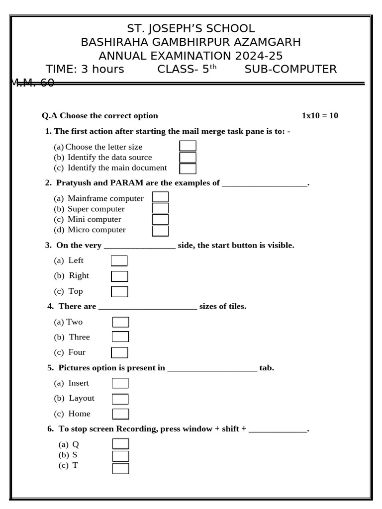 Class 5 Computer Exam Questions 2024-25 | PDF | Software | Computing