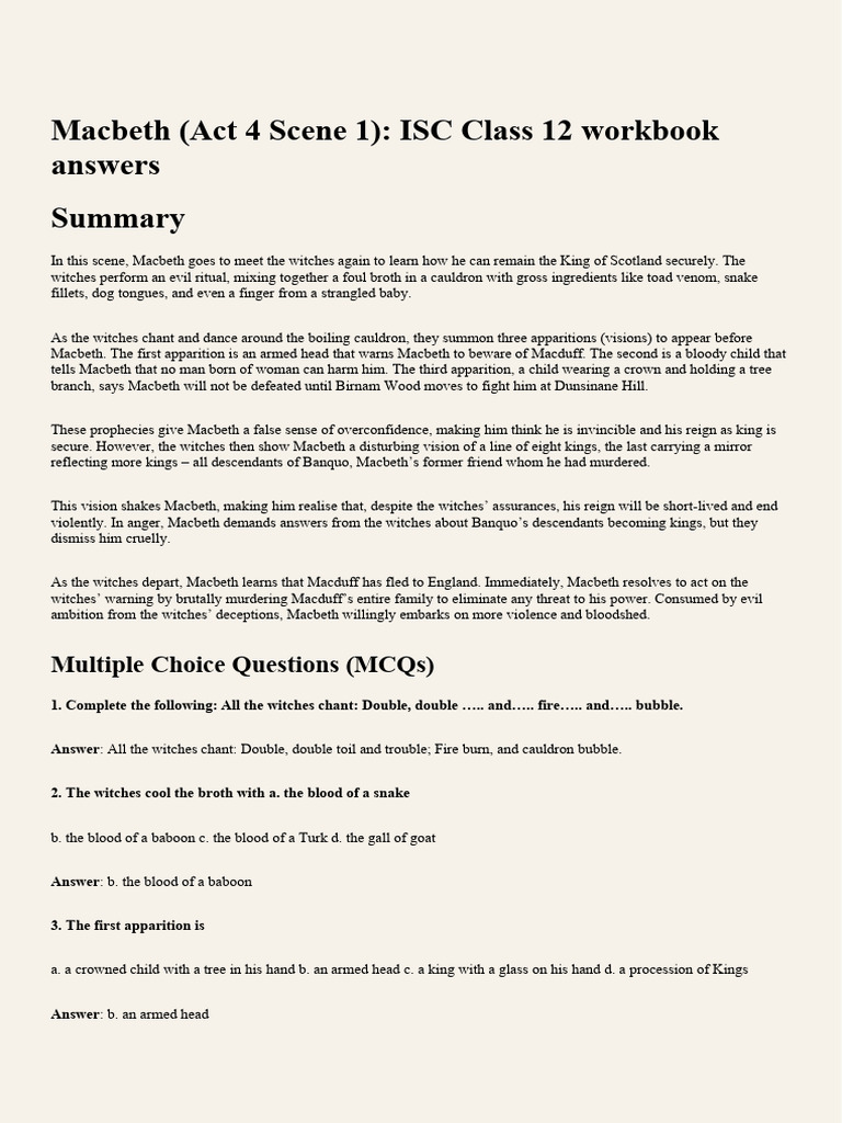 Macbeth (Act 4 Scene 1) - ISC Class 12 Workbook Answers | PDF | Macbeth ...