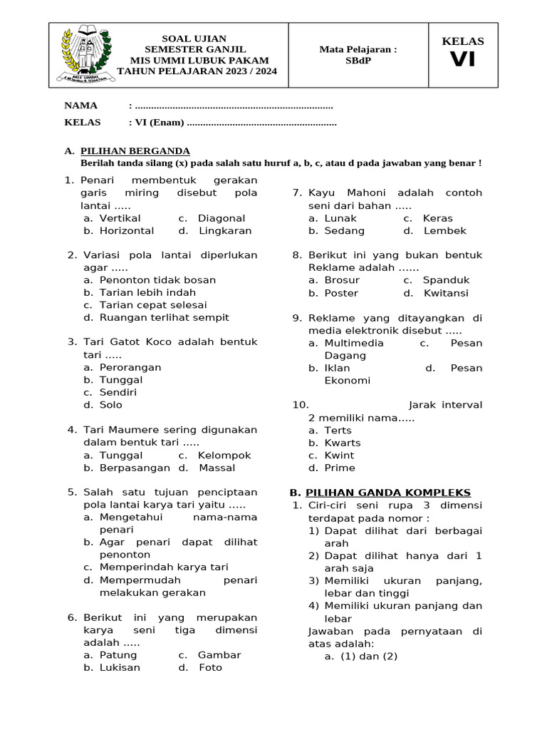 Soal Sbdp Kls 6 Ganjil 2023 | PDF