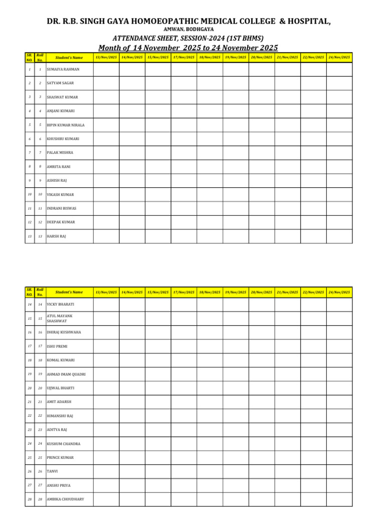 BHMS Attendance Sheet Nov 2025 | PDF