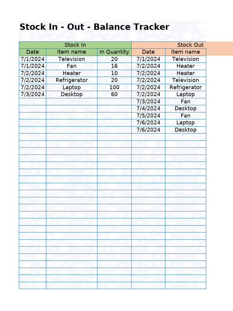 Stock in Out Balance Tracker in Excel | PDF | Office Equipment ...
